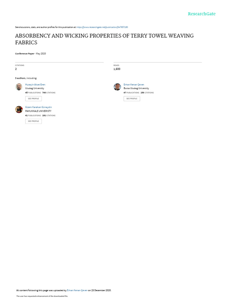 Absorbency and Wicking Properties of Terry Towel Weaving Fabrics | PDF ...