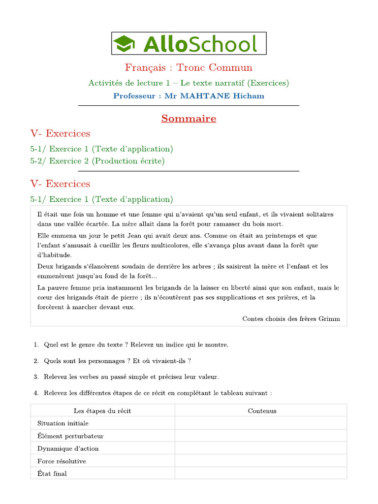 Activites de Lecture 1 Le Texte Narratif Exercices 4 | PDF