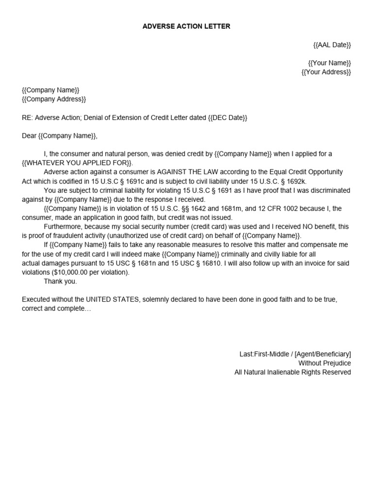 ADVERSE ACTION LETTER (Denial of Extension of Credit) | PDF
