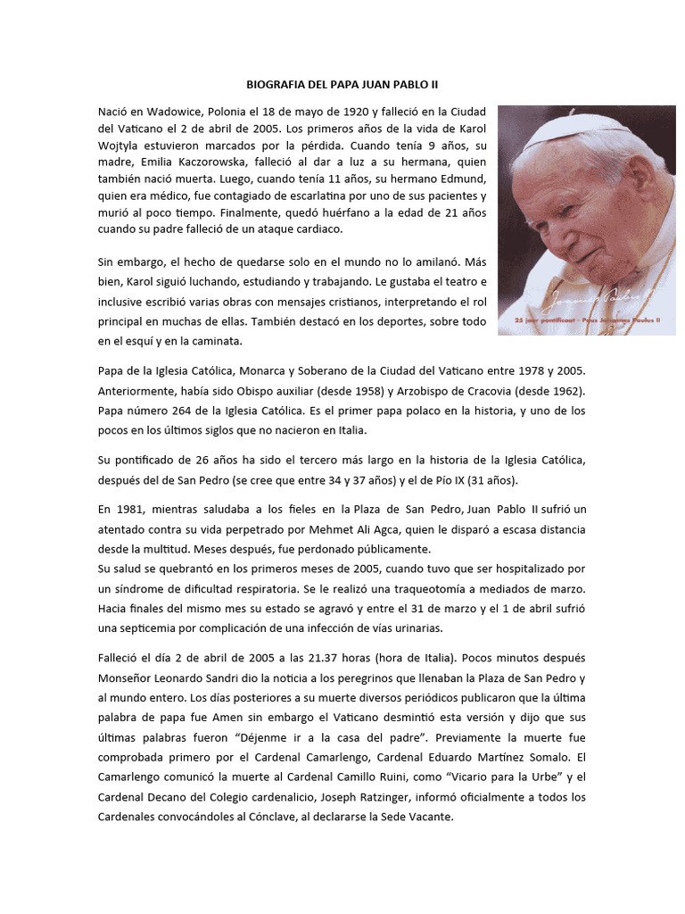 Biografia Del Papa Juan Pablo Ii | PDF | Papa juan pablo ii | Santa Sede