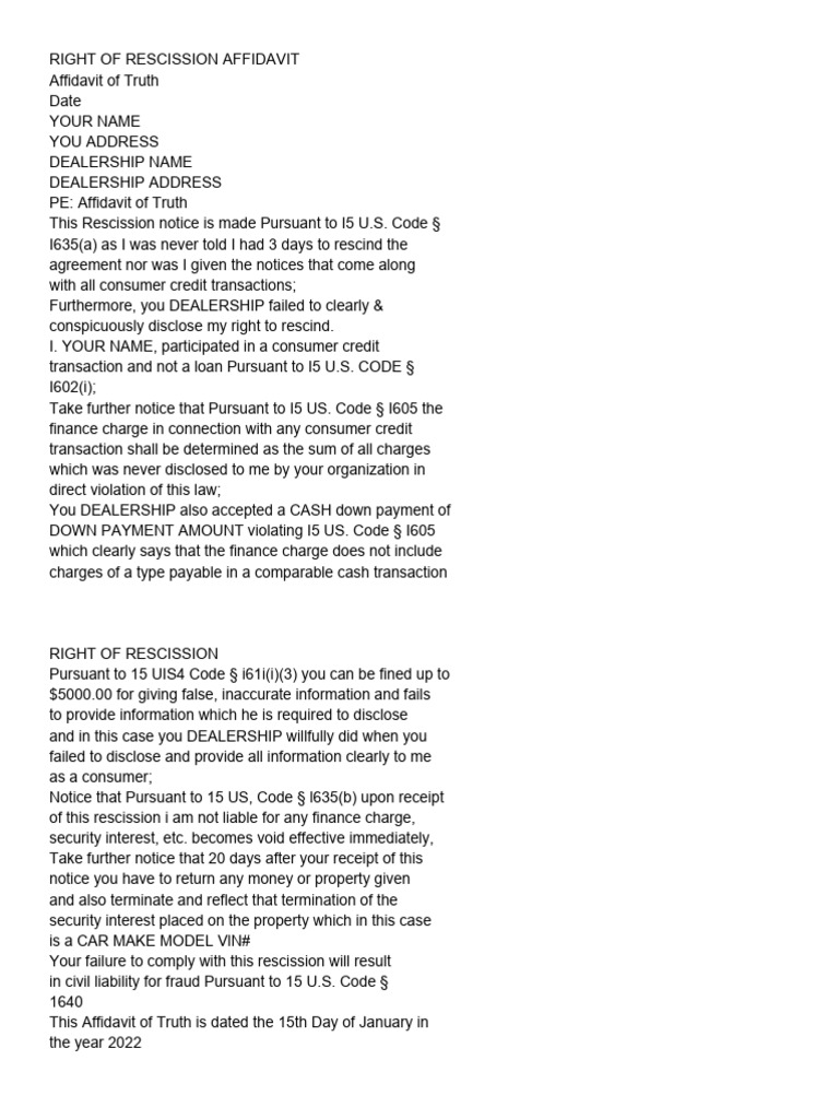 Right of Rescission Affidavit | PDF