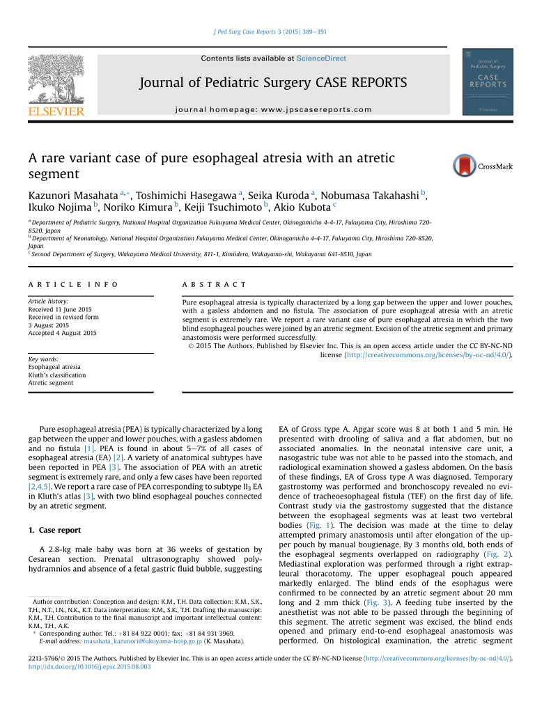 A rare variant case of pure esophageal atresia with an atretic segment ...