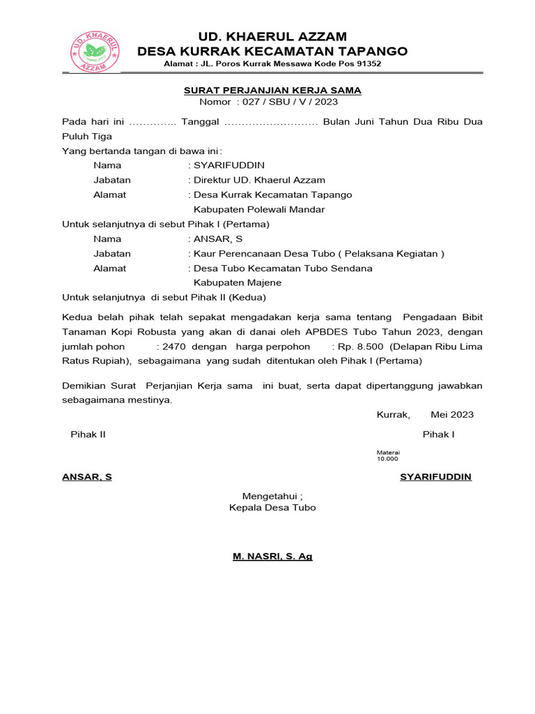 Surat Perjanjian Kerja Sama Desa Kurrak Kec. Tapango Kab. Polman | PDF