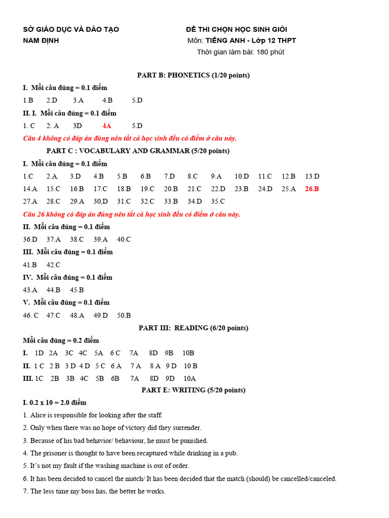 De HSG 12 NAM DINH. Dap An | PDF | Psychological Concepts | Psychology