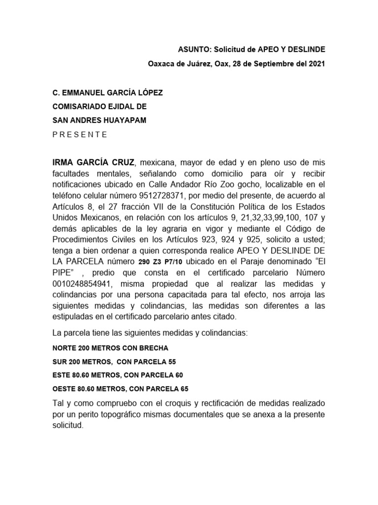 Solicitud de Apeo y Deslinde | PDF