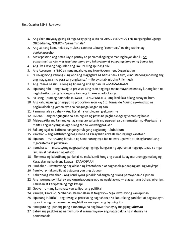 Reviewer ESP 9 First Qtr. | PDF