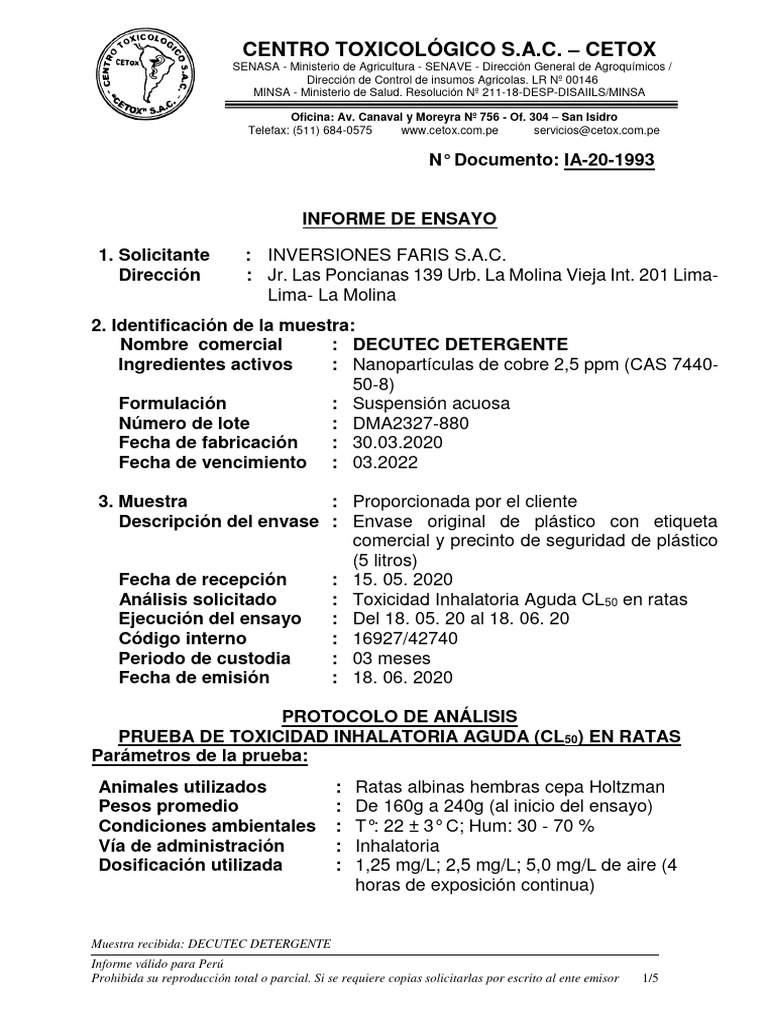 CETOX - IA-20-1993 IA 16927 Toxicidad Inhalatoria Aguda CL50 | PDF ...
