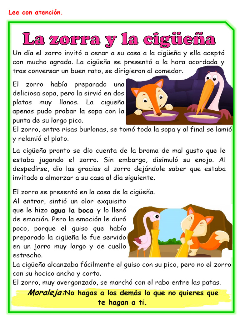 La fábula del zorro y la cigüeña | PDF | Cocina, comidas y vino
