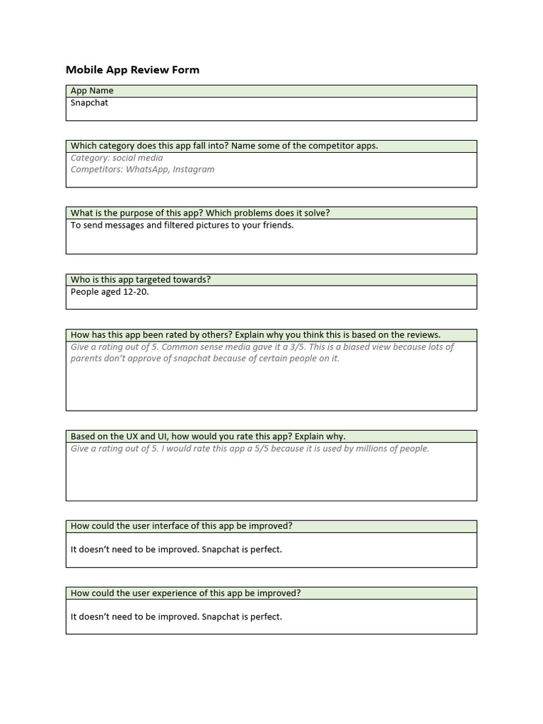 Mobile App Review Form 1 | PDF