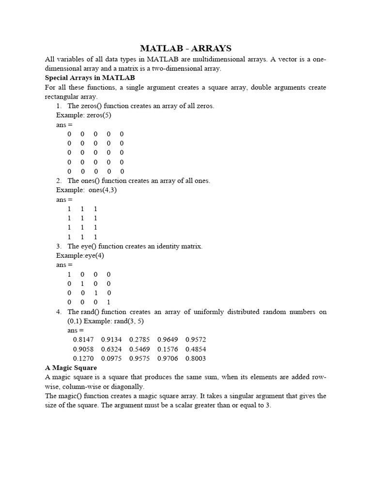 Matlab Arrays | PDF | Matrix (Mathematics) | Mathematical Objects Matlab Arrays | PDF | Matrix (Mathematics) | Mathematical Objects
