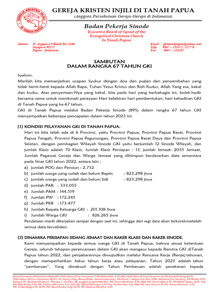 Sambutan Bps Gki Di TP DLM Rangka 67 THN Gki 2023 TGL 26 Okt - 231026 - 080511 | PDF