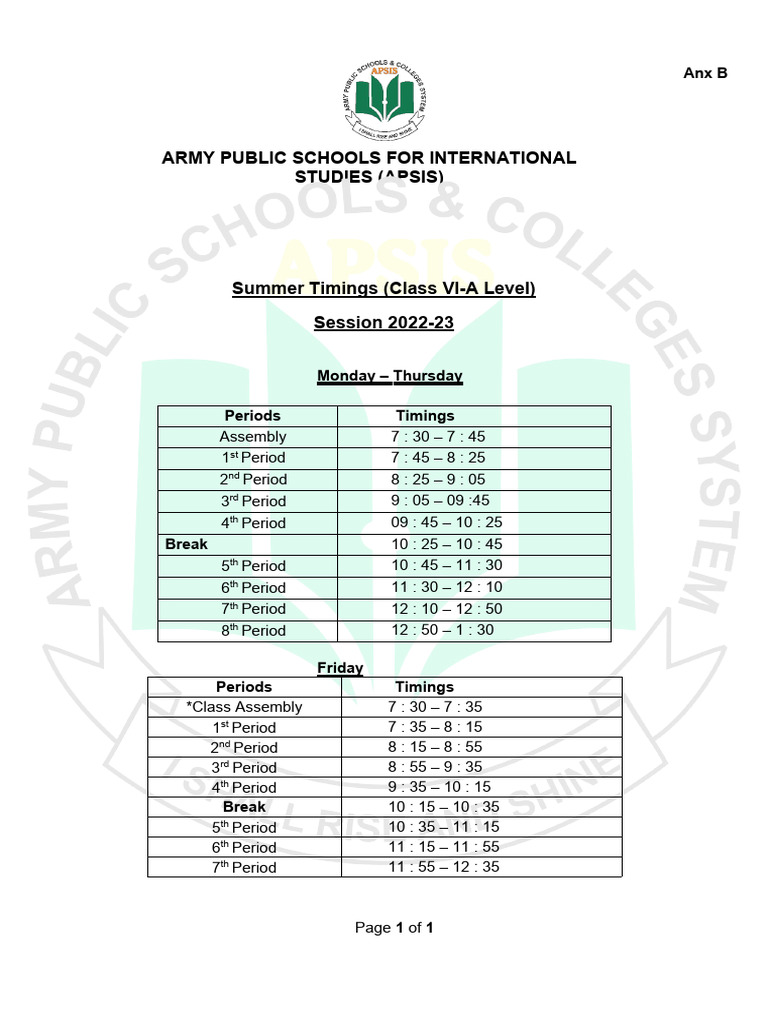 APSIS Summer School Timings 2023 2024 | PDF