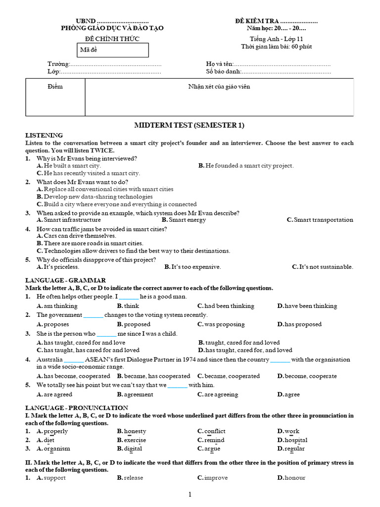 Đề GK1_TA11_lis1 | PDF | Drink | Sugar