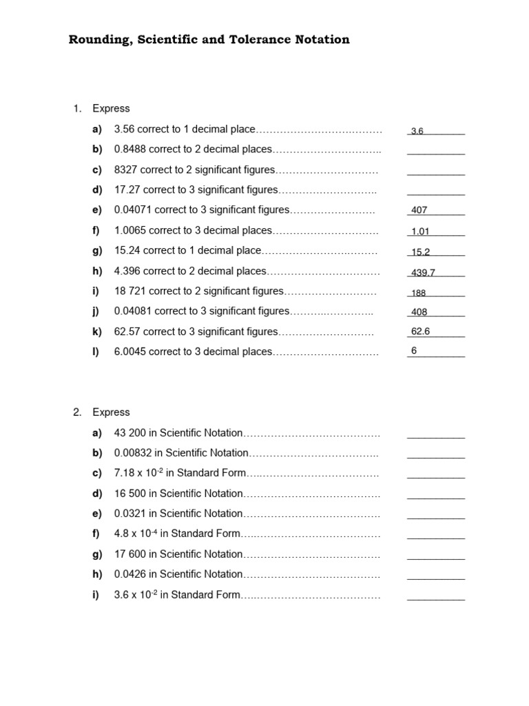 Rounding, Tolerance Notation Practice | PDF | Significant Figures ...