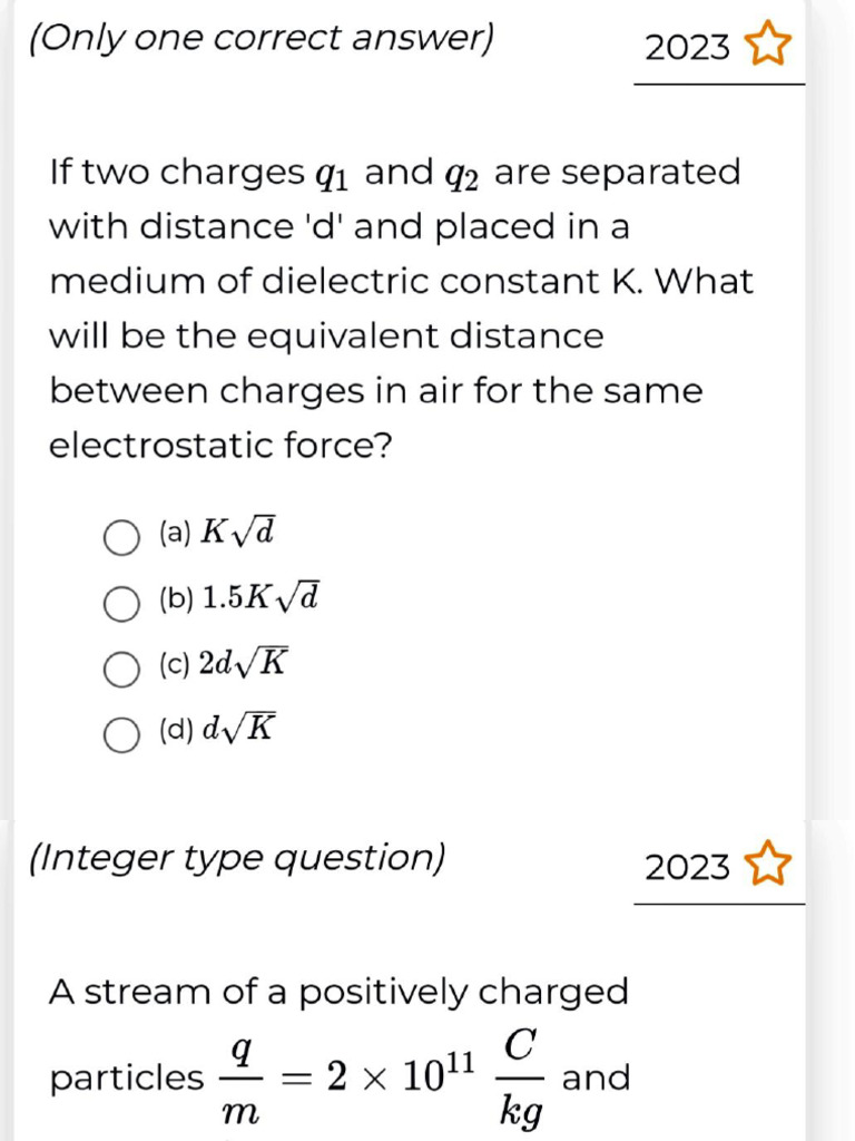 Jee Mains Pyqs On Electrostatic Force | PDF