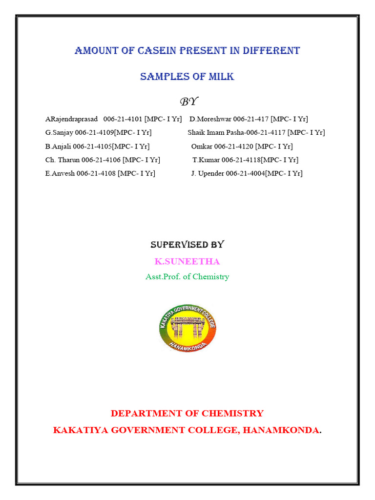 Amount of Casein Present in Different Samples of Milk: Supervised by | PDF | Milk | Chemistry