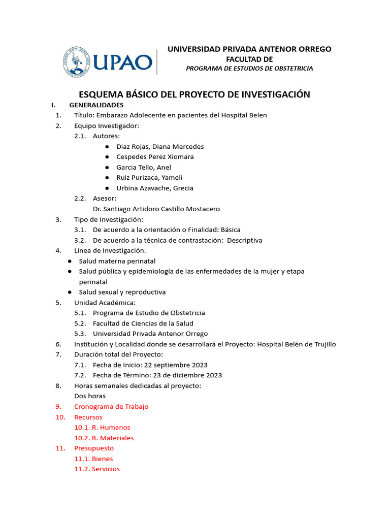 Esquema Del Proyecto | PDF | El embarazo | Menstruación