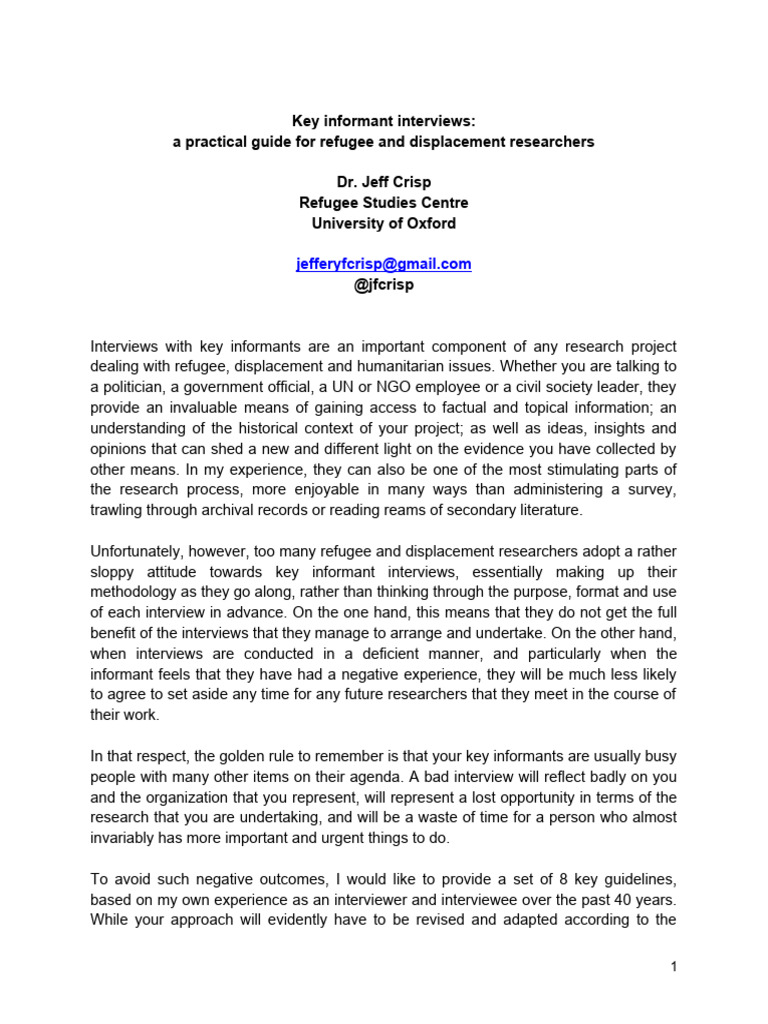 Key Informant Interviews: A Practical Guide For Refugee and Displacement Researchers | PDF ...