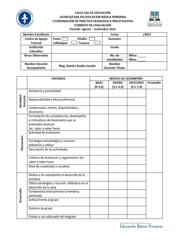 Formato de Evaluación de Práctica B 2023 | PDF | Maestros | Evaluación