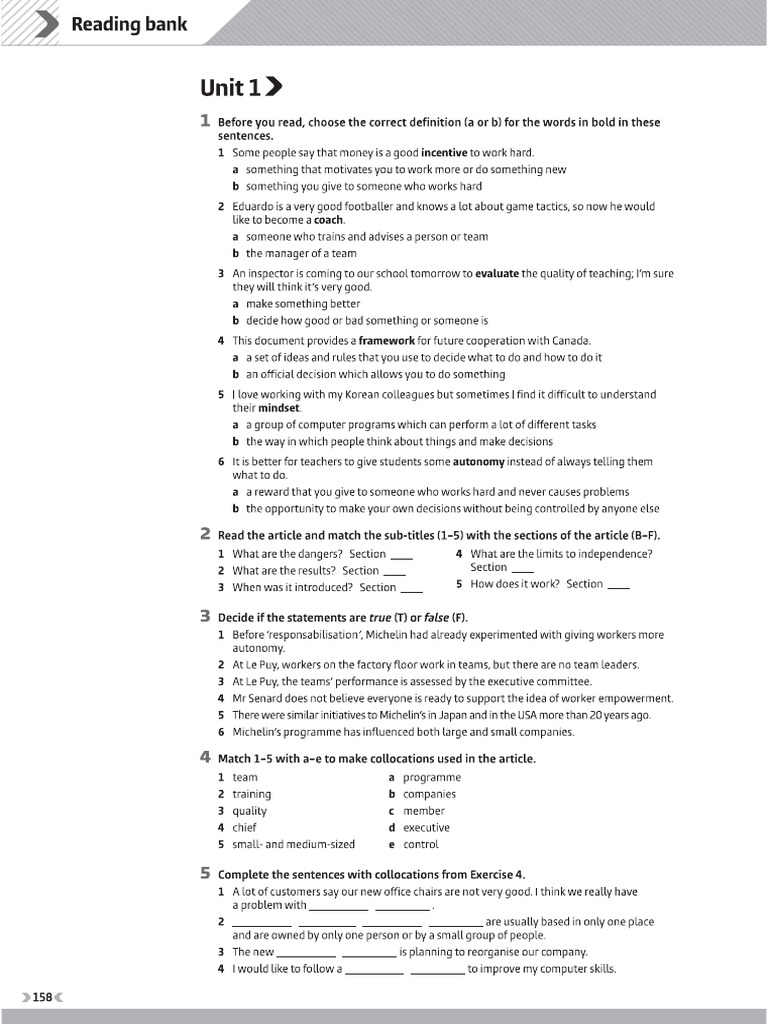 Businesspartnerb1+ SB Reading Bank Unit 1 | PDF