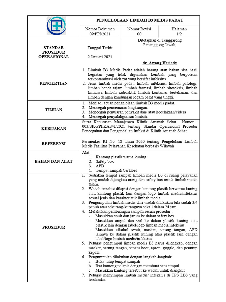 Spo Pengelolaan Limbah B3 Medis Padat | PDF | Sains & Matematika