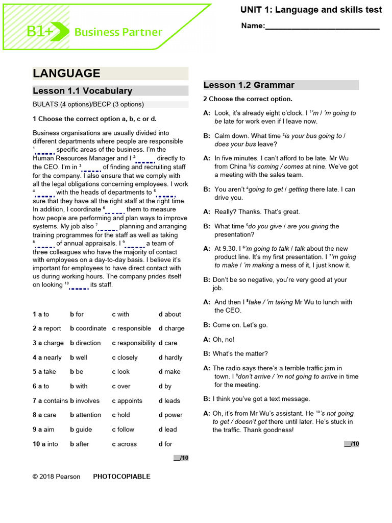 BP B1plus Tests Unit1 | PDF | Human Communication | Business