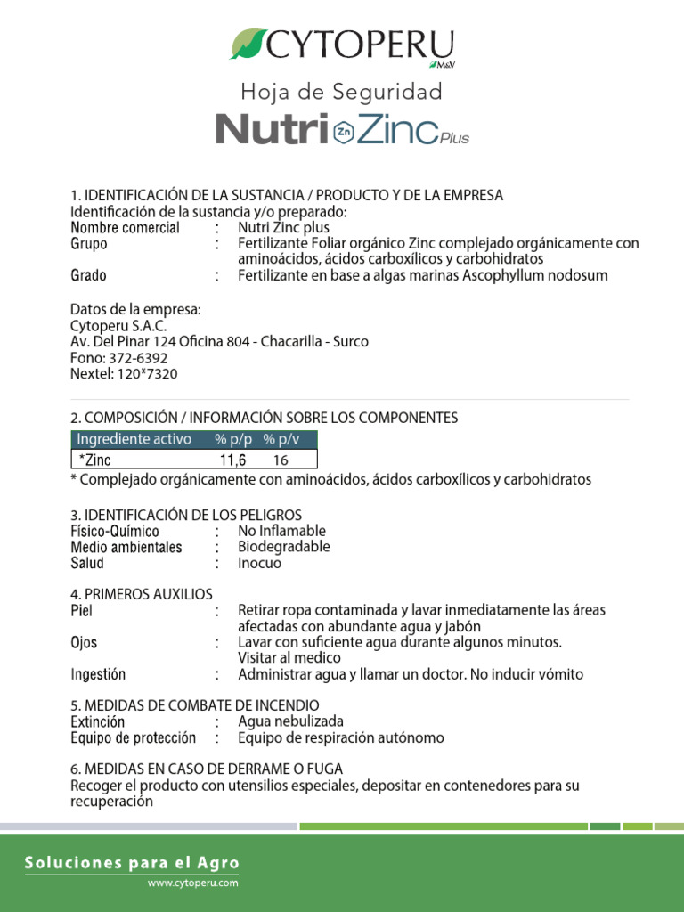 Hoja-de-Seguridad-Nutri-Zinc | PDF | Agua | Zinc
