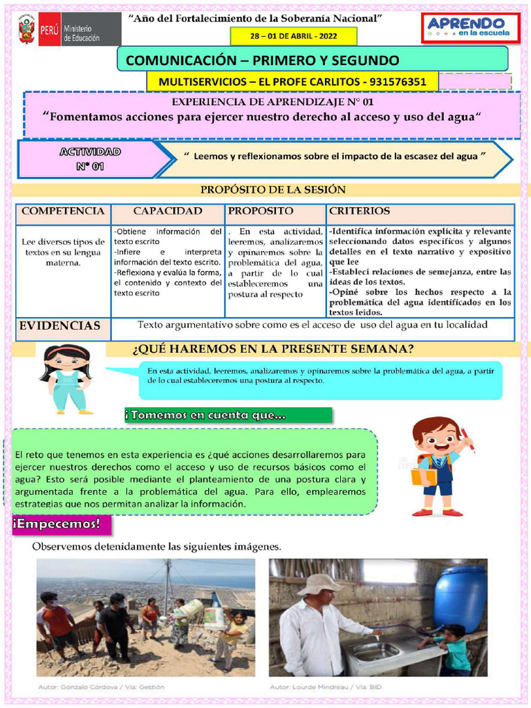 Experiencia de Aprendizaje 1 - Actividad 1 - 1ero y 2do Grado - Comunicacion - 01 | PDF