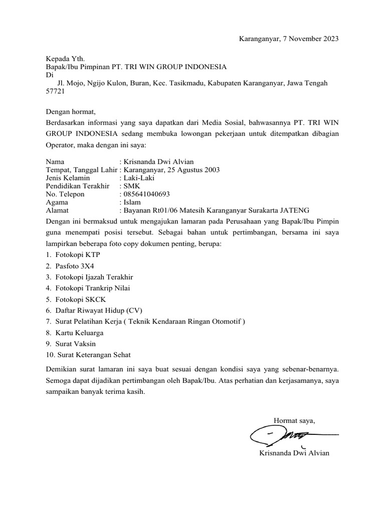 Surat Lamaran Pekerjaan Pt. Tri Win Group Indonesia | PDF