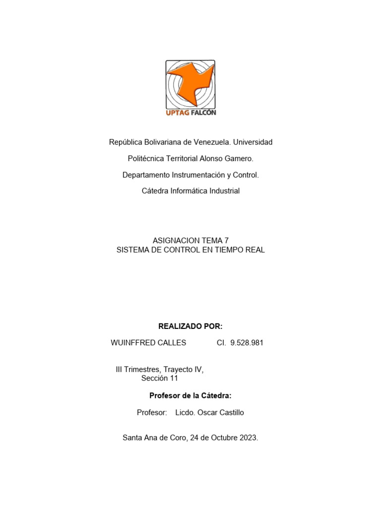 Trabajo Tema 7 Informatica Industrial Finalizado. Sistmas de Control en Tiempo Real | PDF ...
