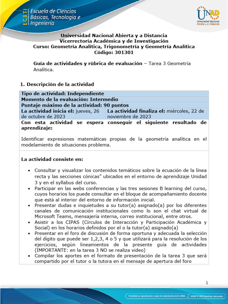 Gu+¡a de Actividades y R+ Brica de Evaluaci+ N - Unidad 3 - Tarea 3 - Geometr+¡a Anal+¡tica ...