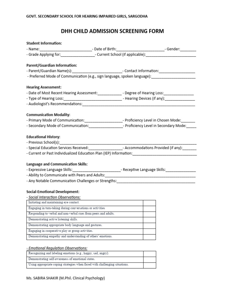 DHH Child Admission Screening Form | PDF | Communication | Cognitive ...