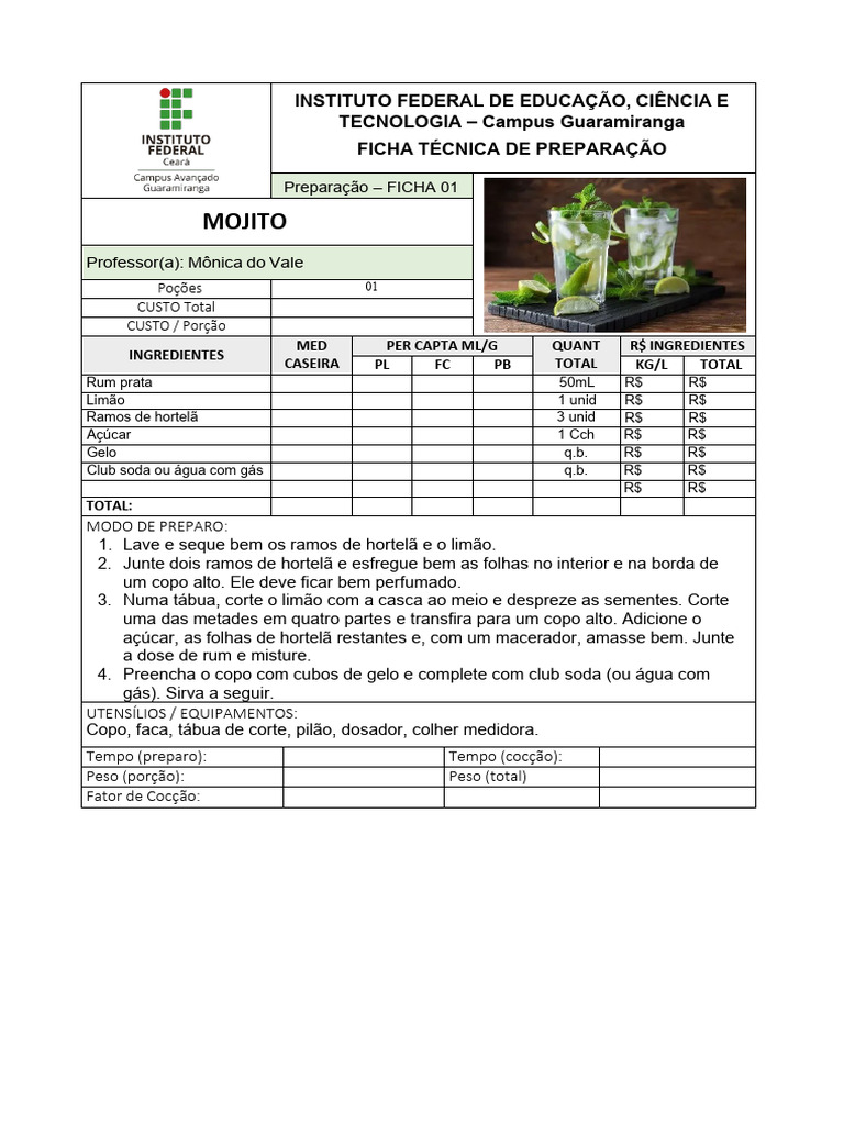 Ficha Técnica - DRINKS | PDF | Bebida | Alimentos