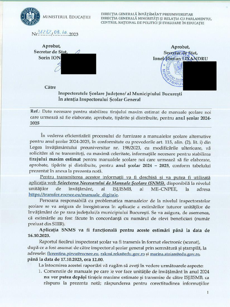 Adresa ME-IsJ-estimari Manuale Scolare SNMS 2023 an Scolar 2024-2025 | PDF
