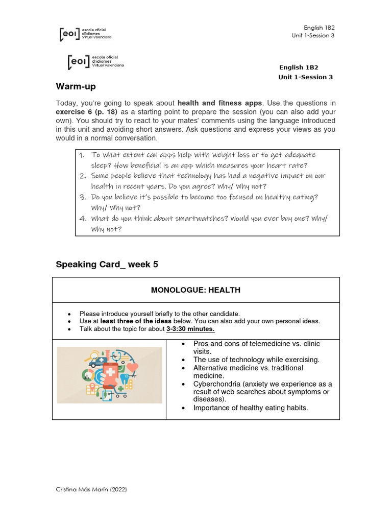 1.3 - 1B2 - Speaking - Card - Unit - 1 - Week - 3 - Health - Fitness ...