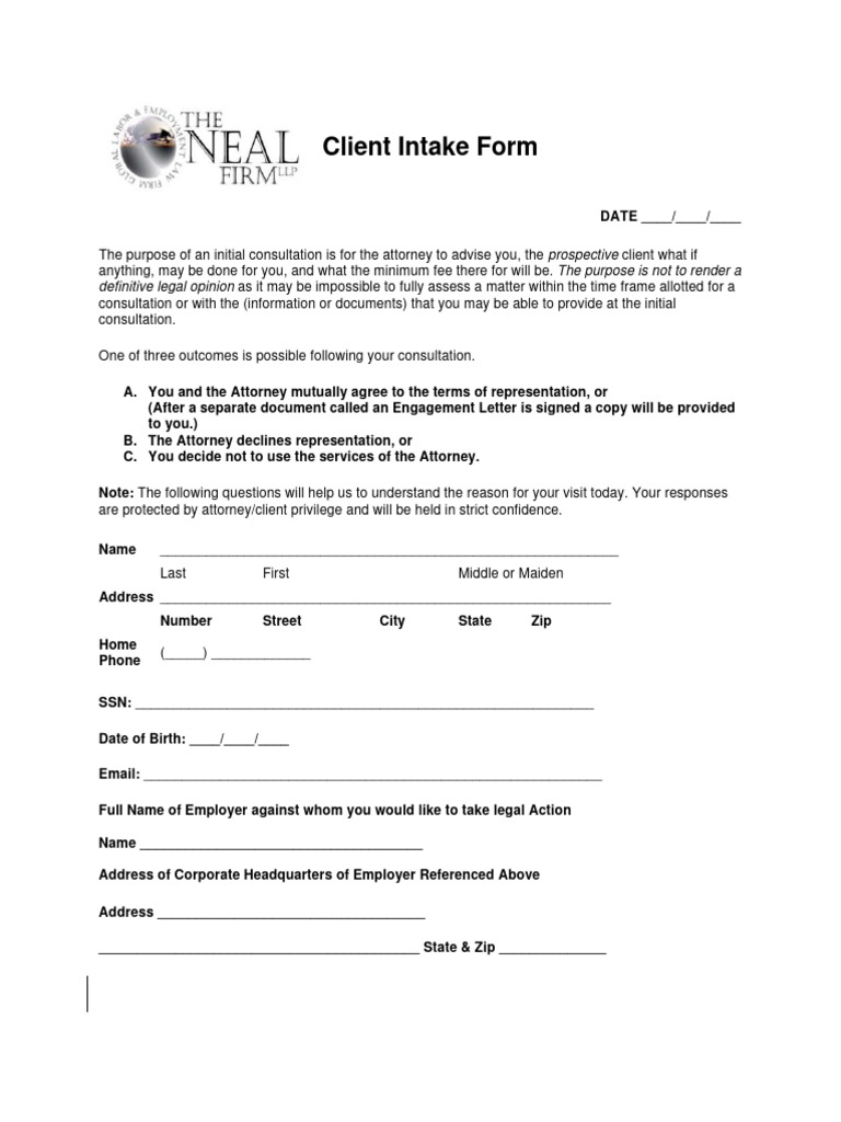 Legal Client Intake Form | PDF | Lawyer | Employment