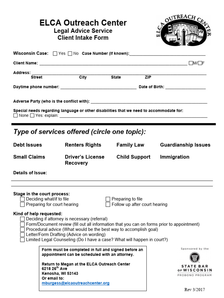 ELCA Outreach Legal Advice Intake Form | PDF | Politics | Law