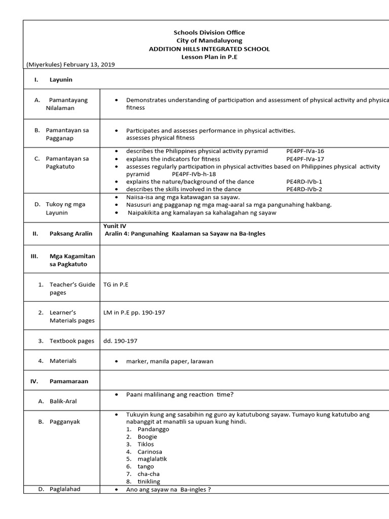 P.E Aralin 4 Ba-Ingles | PDF
