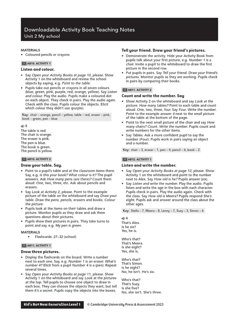 Kid's Box Level 1 Unit 2 Teaching Notes | PDF | Color