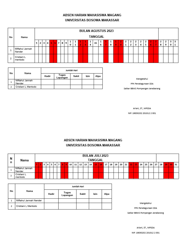 Absen Harian Mahasiswa Magang | PDF