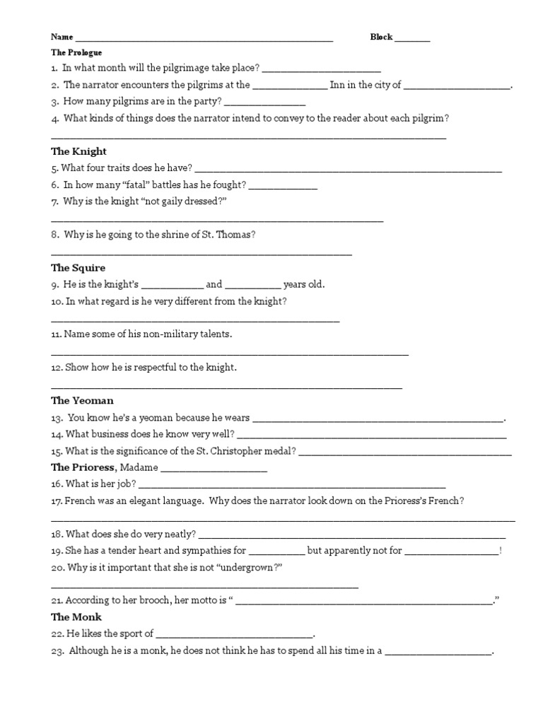 Canterbury Tales Prologue Character Worksheet | PDF | The Canterbury Tales