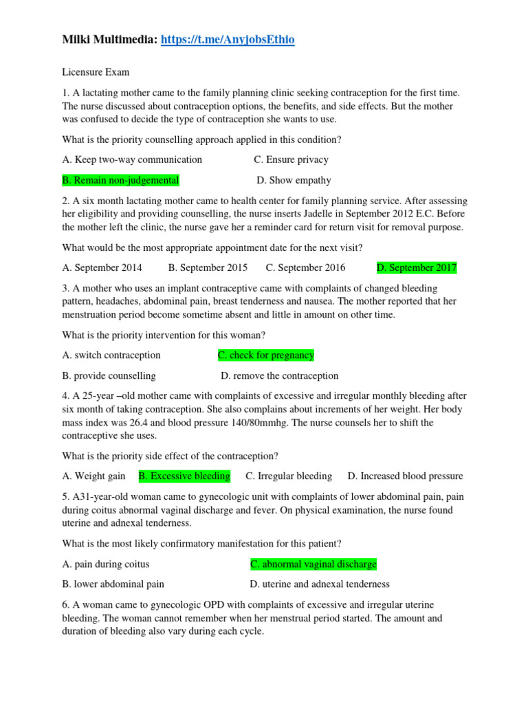 COC Exam BSC Nurse 18 | PDF | Anxiety Disorder | Birth Control