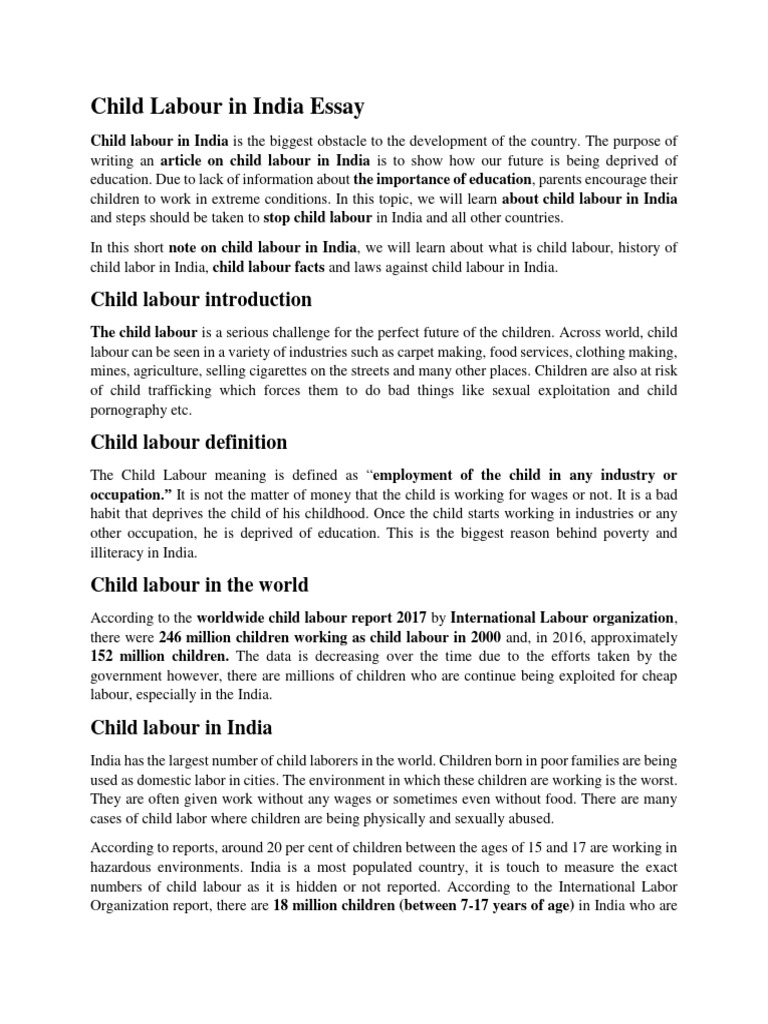 Child Labour in India Essay | PDF | Child Labour | Labour Economics