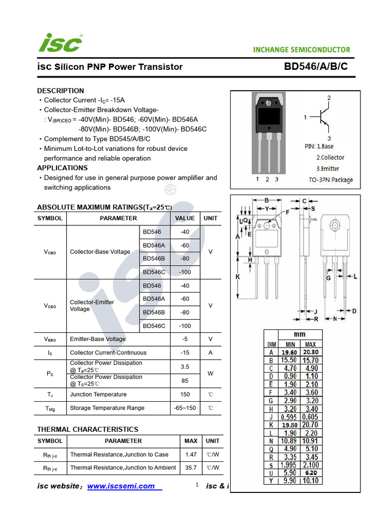 BD546 InchangeSemiconductor | PDF | Bipolar Junction Transistor ...