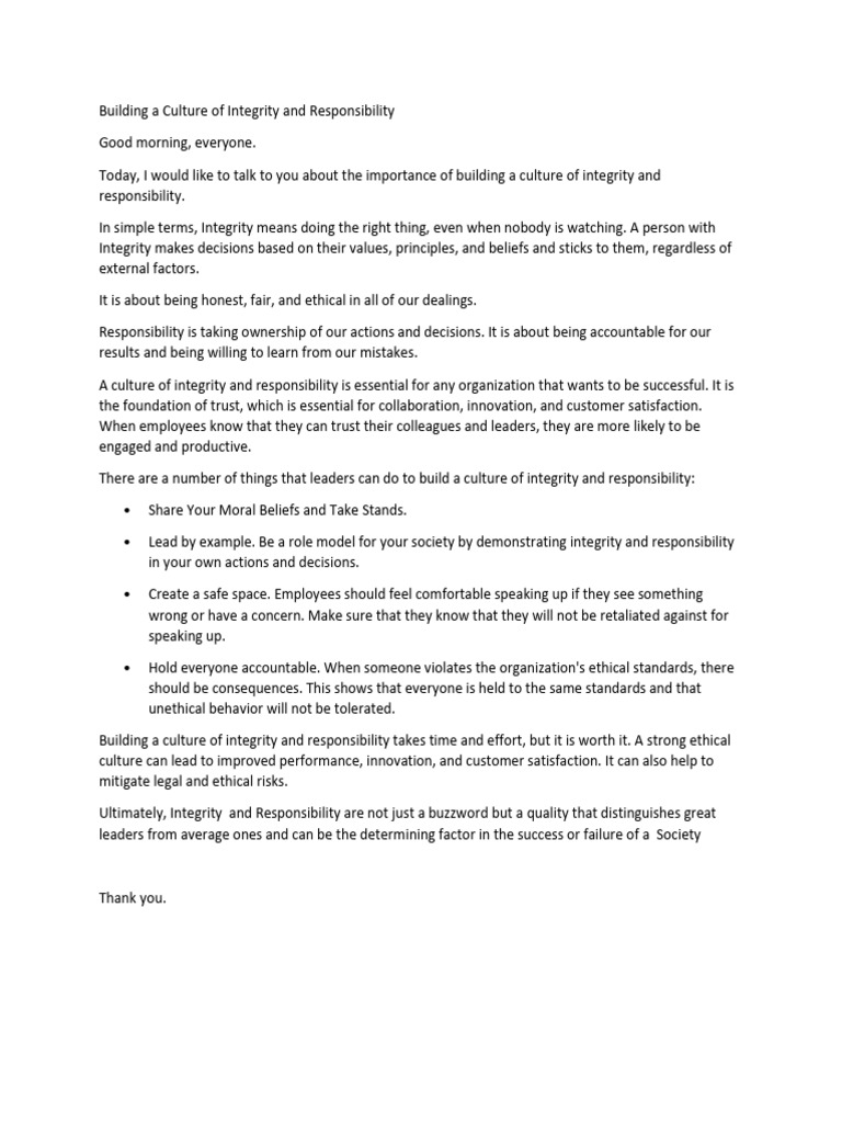 Speech On Building A Culture of Integrity and Responsibility | PDF