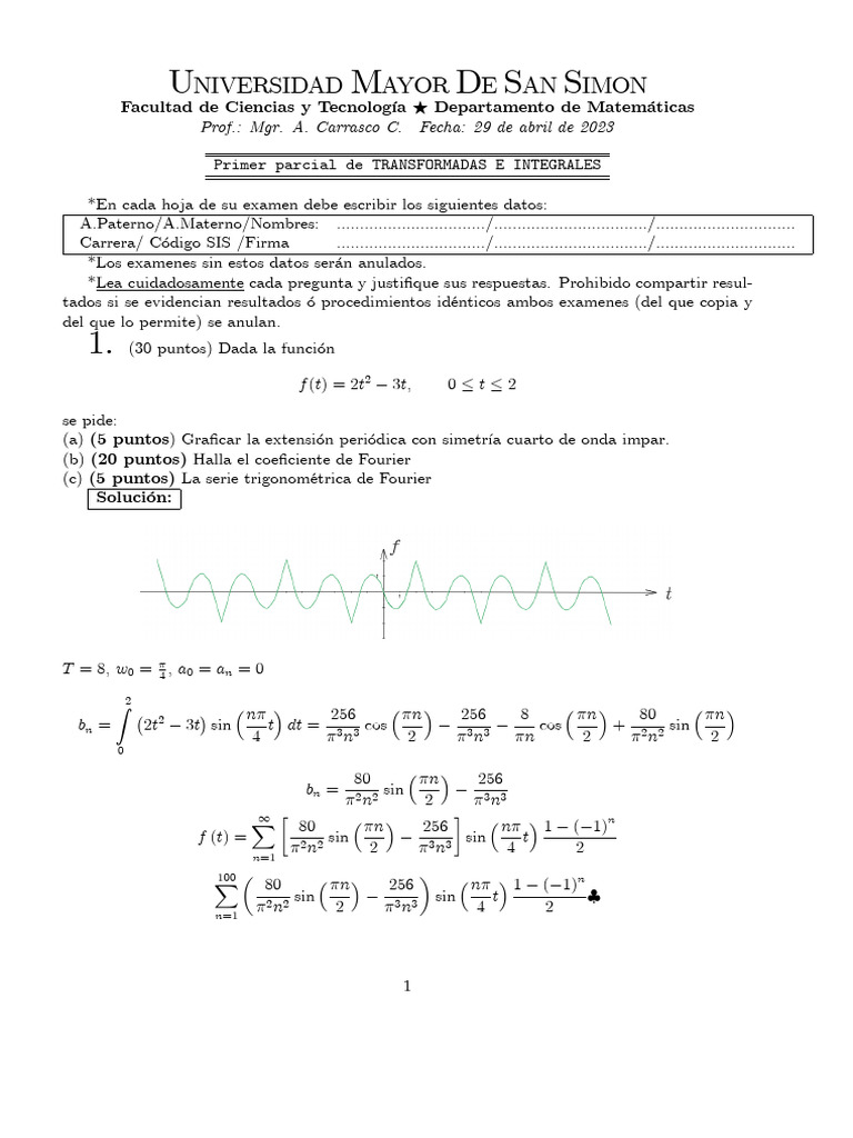A - 1er - Parcial - de - Transformadas - e - Integrales - I - 2023 Soluciones | PDF | Matemáticas