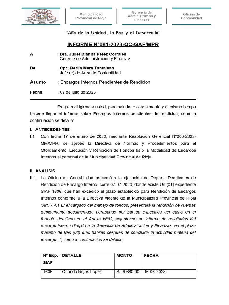 Informe N°- PENDIENTE RENDICION ENCARGO INTERNO | PDF