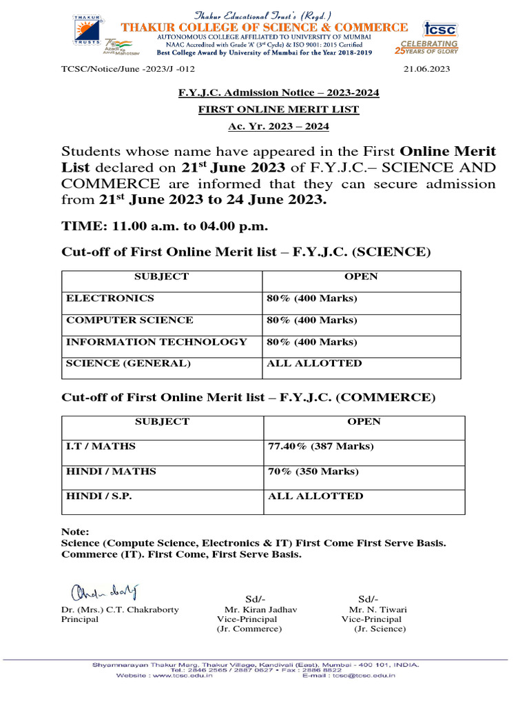 FYJC Science Commerce First Merit List 2023 - 2024 | PDF | Science & Mathematics | Technology ...