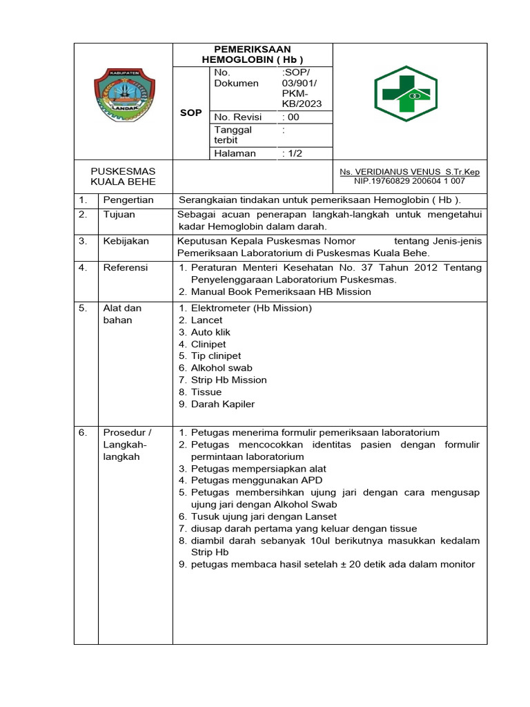 SOP PEMERIKSAAN HEMOGLOBIN (HB) | PDF
