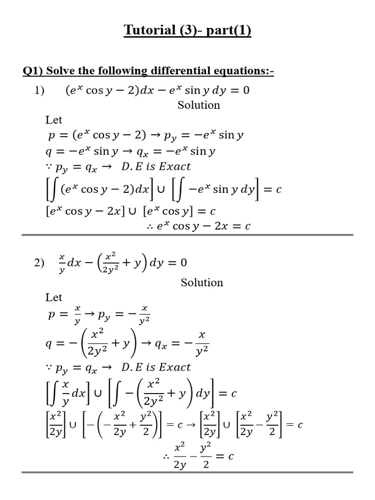 Diff Eqn Tut (3) Solution Part | PDF | Equations | Mathematical Objects